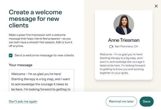 Sending welcome messages to your clients – Rula Therapist